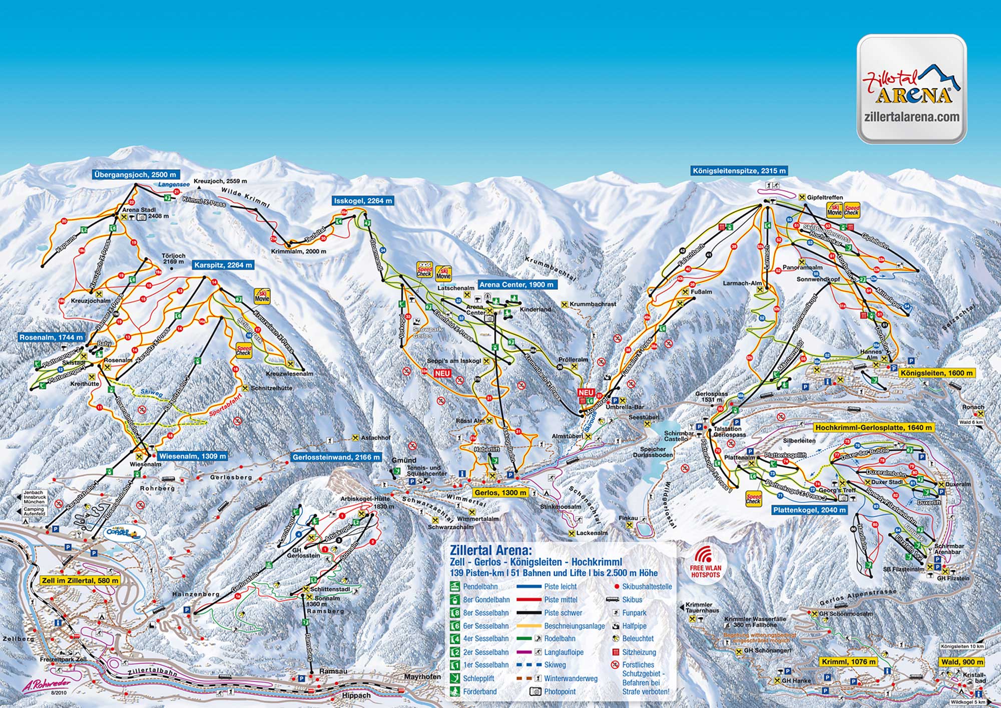 Krimml: Skigebiet Zillertal Arena, Pistenplan, Skikarte, Panoramakarte ...